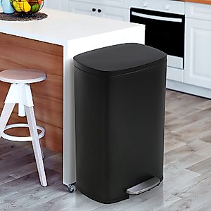 13 Gallon Trash Can, Brushed Stainless Steel Kitchen Trash Can with Soft-close Lid, Fingerprint-resistant Kitchen Garbage Can with Foot Pedal and Inner Bucket, Odor Proof Trash Can Garbage Can, BLACK