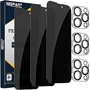 NEEPART [3+3 Pack] Screen Protector for iPhone 14 Pro Max 3 Pack Privacy Screen Protector + 3 Pack Camera Lens Protector; Sensor Protection, Dynamic Island Compatible, 9H Anti Spy Private Tempered Glass Film, Anti-Scratch, Case Friendly