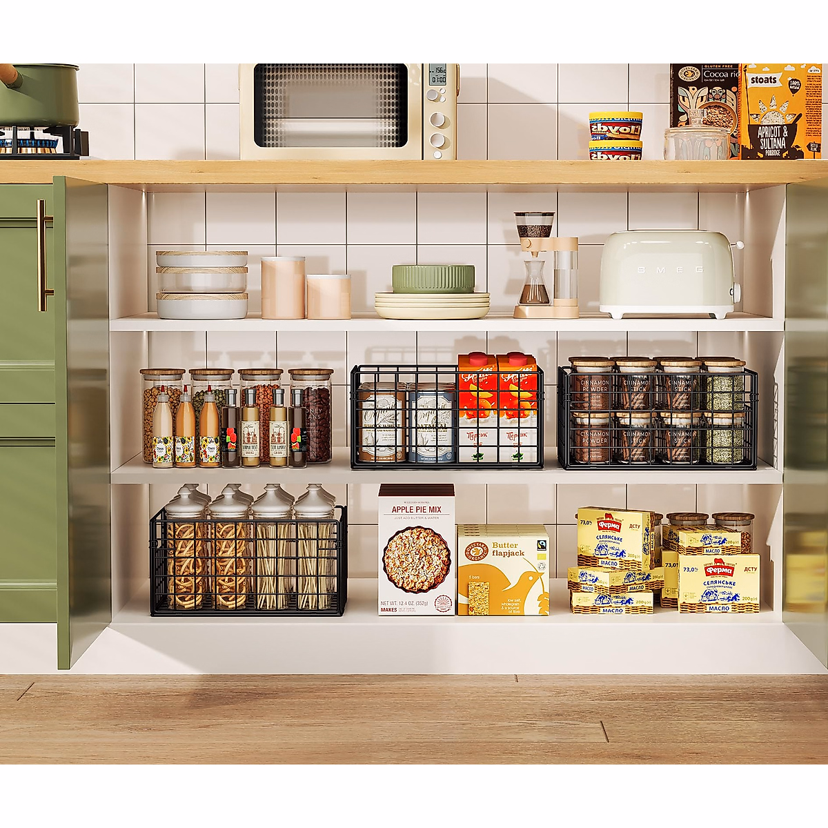 X-cosrack Metal Wire Basket Pantry Basket Foldable Cabinet Organizer with Handles-6 Pack-12"x9"X6", Food Storage Freezer Organizer Bins for Kitchen Bathroom Laundry Closet Garage - Patent Design