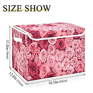 Vnurnrn Collapsible Storage Bins with Lids, Pink Roses Foldable Storage Boxes, Storage Box Cube with Lid for Clothes,Bedroom,Toys,16.5x12.6x11.8 Inch