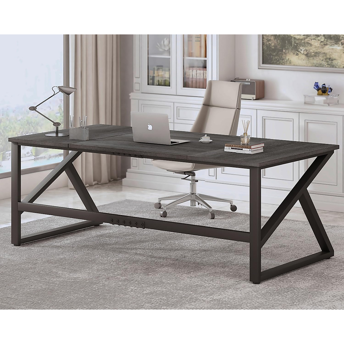 IBF Long Desks for Home Office, Large Metal Wooden Computer Desk for 2 Monitors, 70 Inch Two Person Desk for Executive Work Writing Study Gaming, Industrial Modern Big Double Desk, Dark Gray Oak