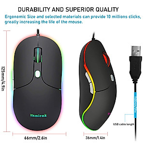 Wired Mouse, Mouse for Laptop with Easy Click for Office, Home, Gamer, 3200DPI, Programmable Buttons, USB LED Backlit Mice Wired Computer Mouse Compatible with Laptop, PC, Desktop, Black