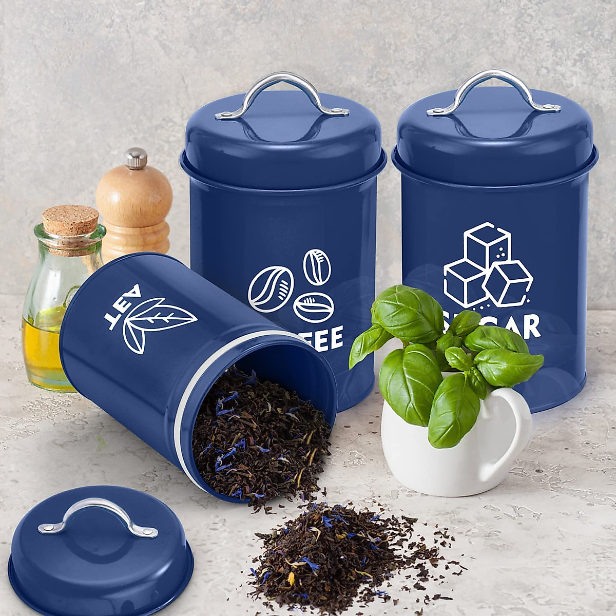 E-far Navy Blue Bread Box & Canister Set - Rustic Kitchen Storage