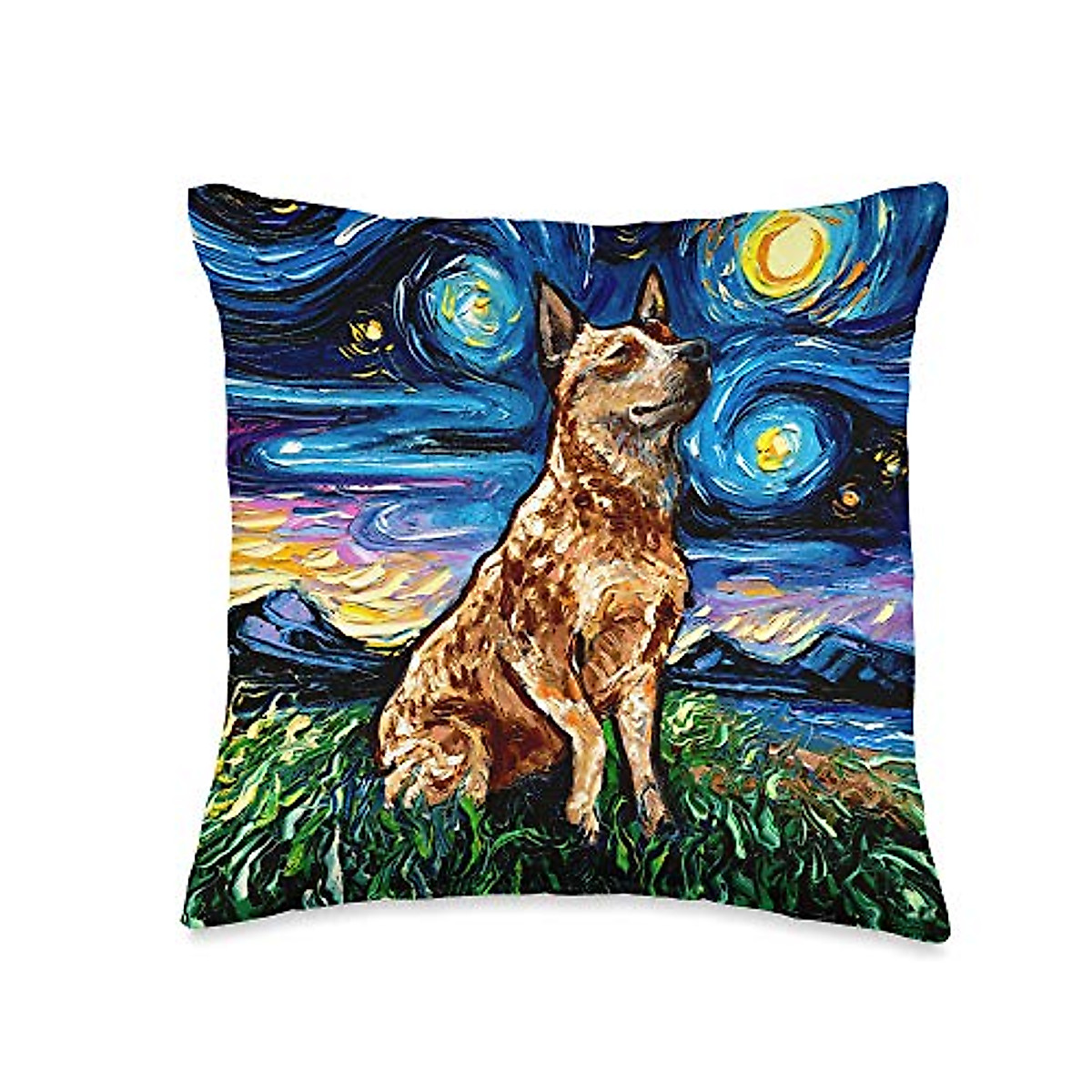 Sagittarius Gallery Red Heeler Starry Night Impressionist Cattle Dog Art by Aja Throw Pillow, 16x16, Multicolor