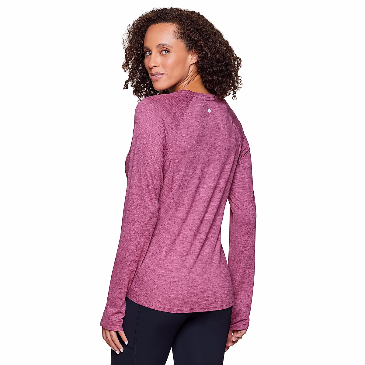 RBX Activewear Long Sleeve Running Top for Women, Lightweight Space Dye Buttery Soft Yoga Tee with Thumbholes Heathered Berry Wine L
