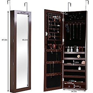 FDW Jewelry Cabinet 47.3" H Wall/Door Mounted Lockable Jewelry Armoire With 2 Drawers 6 Shelves 43.3"×10.6" Mirror High Capacity Jewelry Organizer, Brown