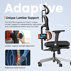 Newtral Ofiice Chair Ergonomic with Footrest -High Back Desk Chair with Fully Adaptive Lumbar Support, Adjustable Headrest, 4D Armrest, Tilt Lock, Task Chair for Office and Home