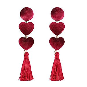 FAMARINE Red Heart Tassel Earrings, Velvet Double Heart Shape Fringe Drop Earrings Christimas, Red