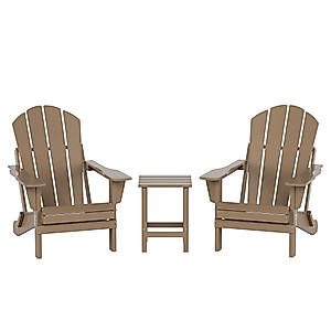 WO Home Furniture Adirondack Chairs Table Set of 3 PCS Outdoor Folding Chairs Side End Table Weather/UV Resistant for Lawn, Garden, Bon Fire, Balcony (Weathered Wood)