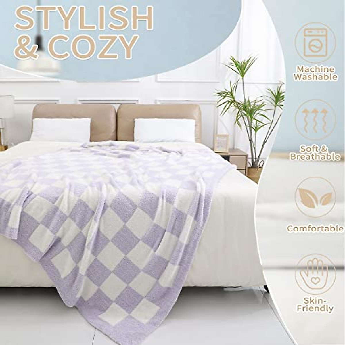 DOOWELL Checkered Blanket Throw Soft Knit Blanket with Checkerboard Grid Pattern for Couch Sofa Bed Camping Travel Gift (Purple, 50"x60")