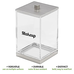 mDesign Acrylic Storage Organizer Canister Jar with Labels, Large Containers - Bathroom Storage, Organization for Vanity, Counter, or Makeup Table, Lumiere Collection, Set/2 + Labels, Clear/Brushed