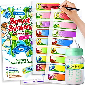 Sprout Stickers Baby Bottle Labels for Kids and Babies - 96 Daycare Labels - Kids Waterproof Labels - Self Laminating, Easy to Use - Daycare Supplies - Name Labels for Kids - for School, Reusable