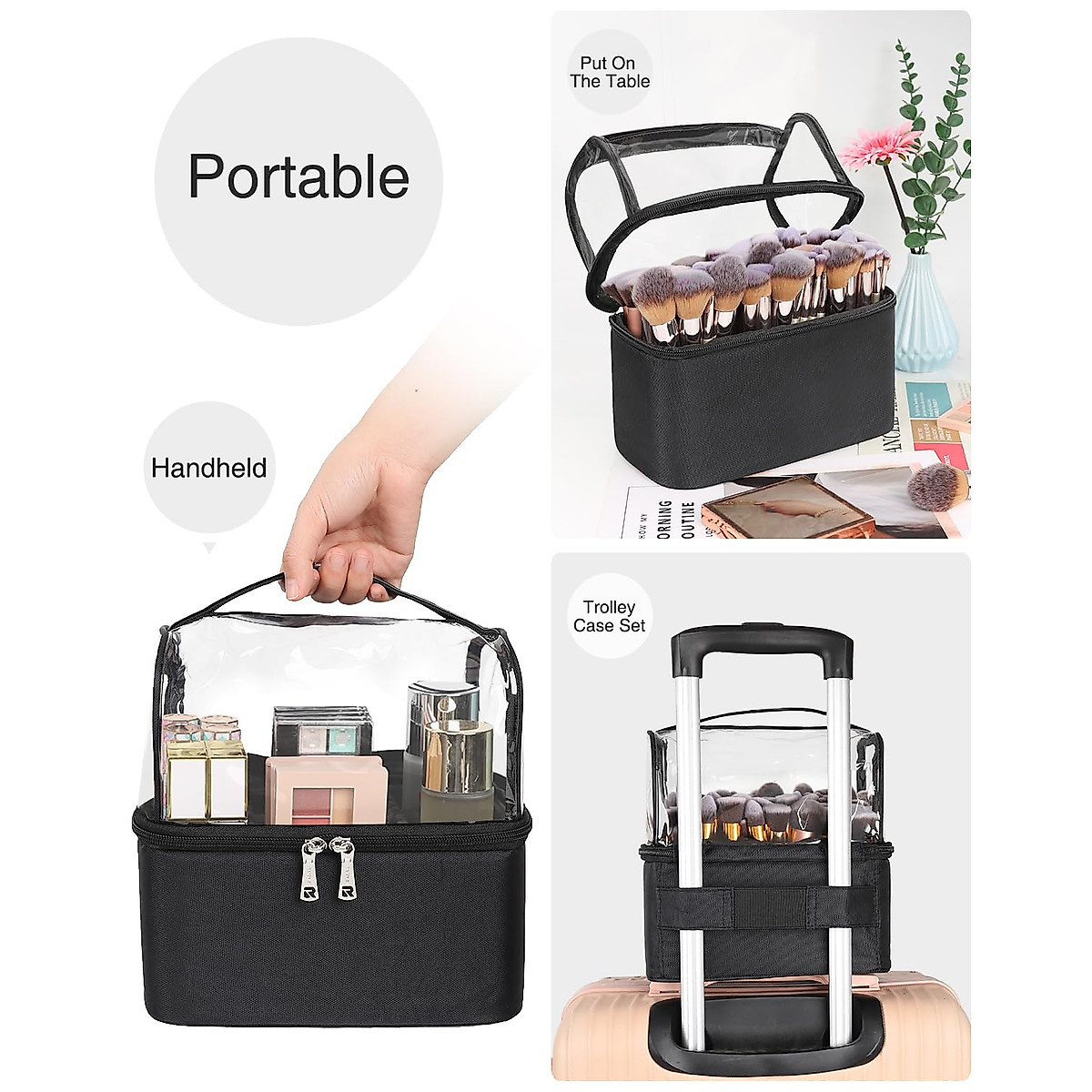 Makeup Brush Case Makeup Brush Organizer Bag Travel Stand-up Makeup Cup Professional Cosmetic Bags Artist Storage Bag with Adjustable Dividers Flip-Top Makeup Brush Holder (Black)