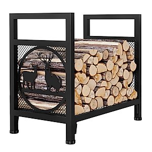 JINLLY Firewood Rack, 17.7 Inch Log Wood Storage Rack Holder with Elk Design, Adjustable Foot Pads and Handle, Outdoor Indoor Iron Fire Wood Rack Holder for Fireplace