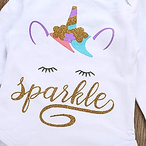 Baby Girl Unicorn Outfit Infant Sparkle 1st Birthday Romper+Tutu Princess Skirt Dress Bow Headband Skirt Sets (White, 0-6 Months)
