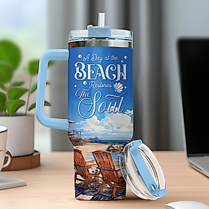 99WHALE Beach Gifts, Blue White Straws Light Summer Women Handle For Royal Myrtle Insulated Brown Navy Tumblers, Beach Restore Soul, Tumbler 40 Oz With Handle Lid And Straw