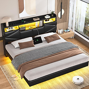 BTHFST Floating King Bed Frame with Storage Headboard & Charging Station, RGB LED Floating Platform Bed, Solid Wood Slats Support, No Box Spring Needed, PU Black