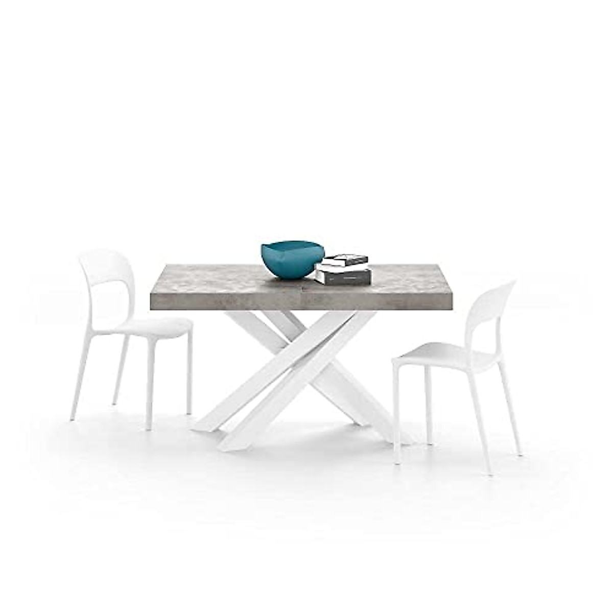 Mobili Fiver, Emma 140 Extendable Dining Table, Concrete Grey with White Crossed Legs, Made in Italy