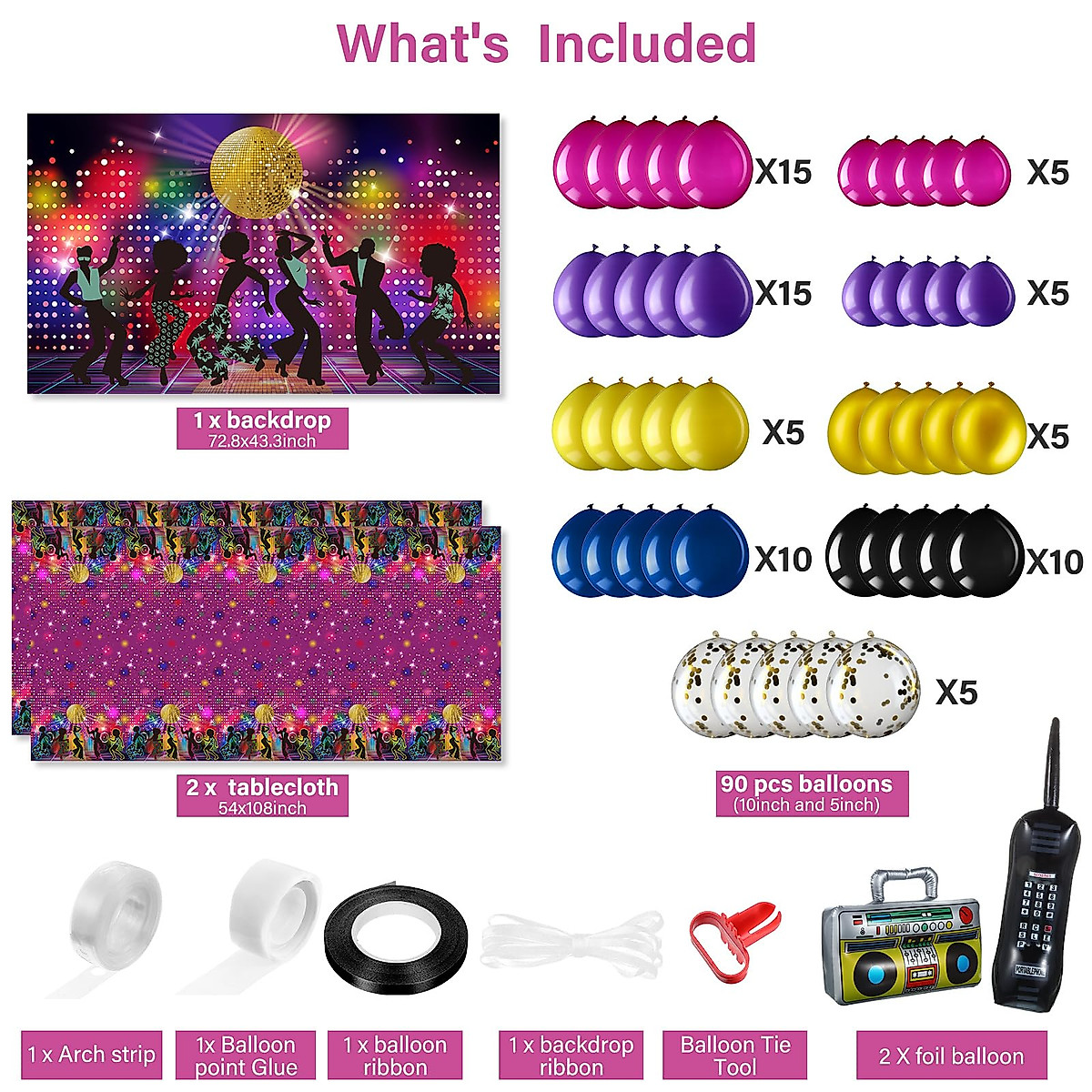 95 Pcs 70s Party Decorations Disco Party Balloons Decoration 70's Party Bundle Includes Inflatable Radio Boombox and Mobile Phone, Disco Plastic Party Backdrop, Tablecloth, Balloons for Hip Hop Party