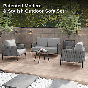 EAST OAK Life Chatter 4 Pieces Patio Furniture Set, Outdoor Furniture with Coffee Table, Patio Conversation Set Deep Seating with Thick Cushion, Backyard Porch Balcony, Earth Black & Misty Grey