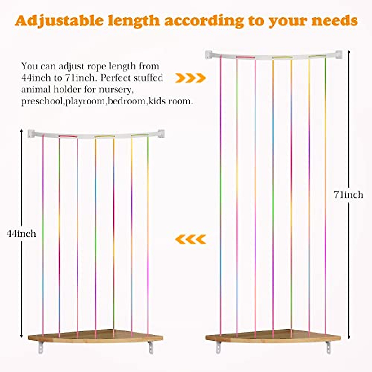 Zayysoha Stuffed Animal Storage Wood Hanging Toy Organizer with Adjustable Elastic Rope, Soft Toy Shelf Large Corner Plush Toys Holder for Nursery Play Room Bedroom Kid Room