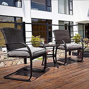 Grand patio 3 Piece Bistro Set, Outdoor Patio Rocking Wicker Chairs with Removable Cushions and Small Coffee Table, Heavy Duty Funiture Set for Porch, Balcony, Patio, Deck Backyard, Garden, Grey