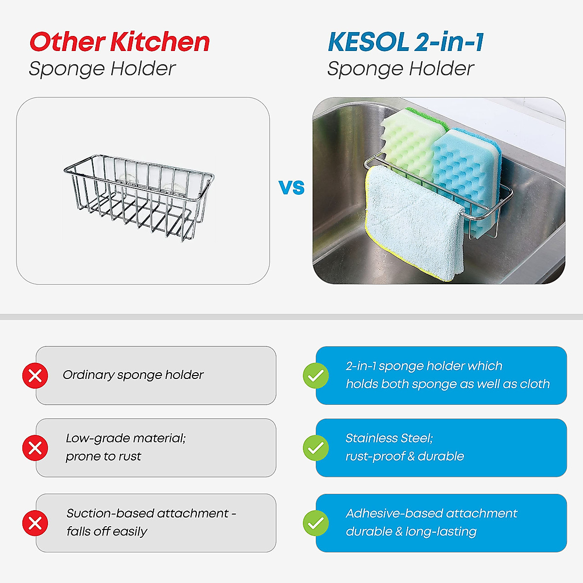 KESOL Adhesive Kitchen Sink Sponge Holder + Dish Cloth Hanger + Soap Holder, 2-in-1 Kitchen Sink Caddy, 304 Stainless Steel Rust Proof, Water Proof, No Drilling (Silver)