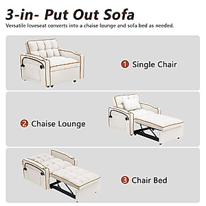 HUMEHA Convertible Chair Bed, Modern Velvet Sofa Chair Sleeper Bed with USB Ports & Cup Holders, Adjustable Backrest Single Lounge Armchair with Phone Holder for Living Room Bedroom, Creamy White