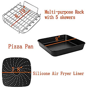 8 inch Square Air Fryer Accessories for Instant Vortex Air Fryer,COSORI,Philips AirFryers,Set of 4,Multi-purpose Double Layer Rack with Skewer,Nonstick Pizza Pan,Silicone Mat