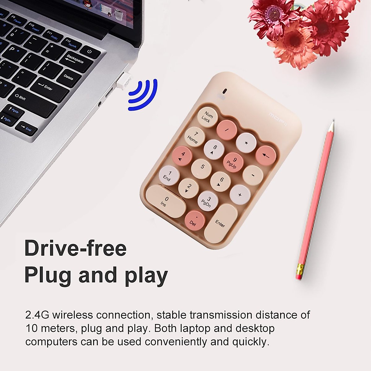 Lomiluskr Wireless Numeric Keypad with 2.4G USB Receiver, Cute Colorful Round Keycaps, Portable Financial Accounting Numpad Number Keyboard, Suitable for PC, Laptop (Milk Tea)