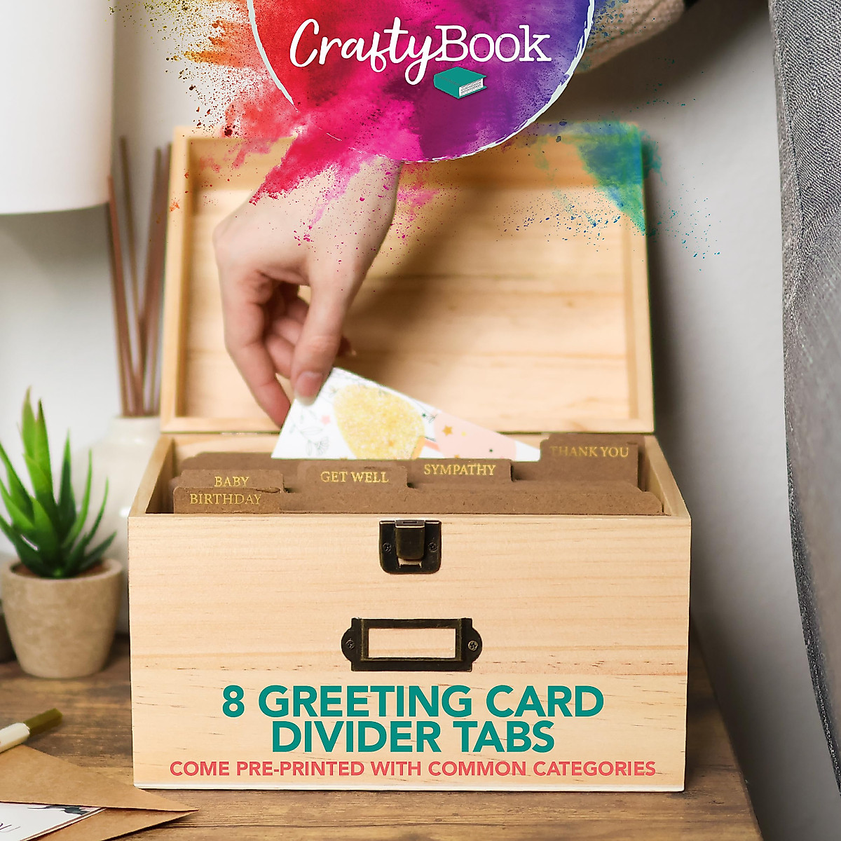 CraftyBook Greeting Card Organizer Box with Dividers - Empty Wooden Card Keeper Envelope Storage Box for 5 x 7in Birthday and Christmas Cards - Stationery Organizer for All Occasion Note and Postcards