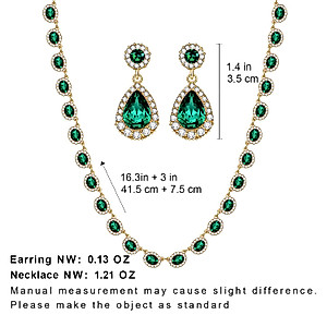 WOWORAMA Bridal Wedding Necklace Crystal Teardrop Dangle Earrings Simple Statement Necklace Jewelry Set Gold Green Bridal Jewelry Set for Wedding Emerald-Green Color Gold-Tone