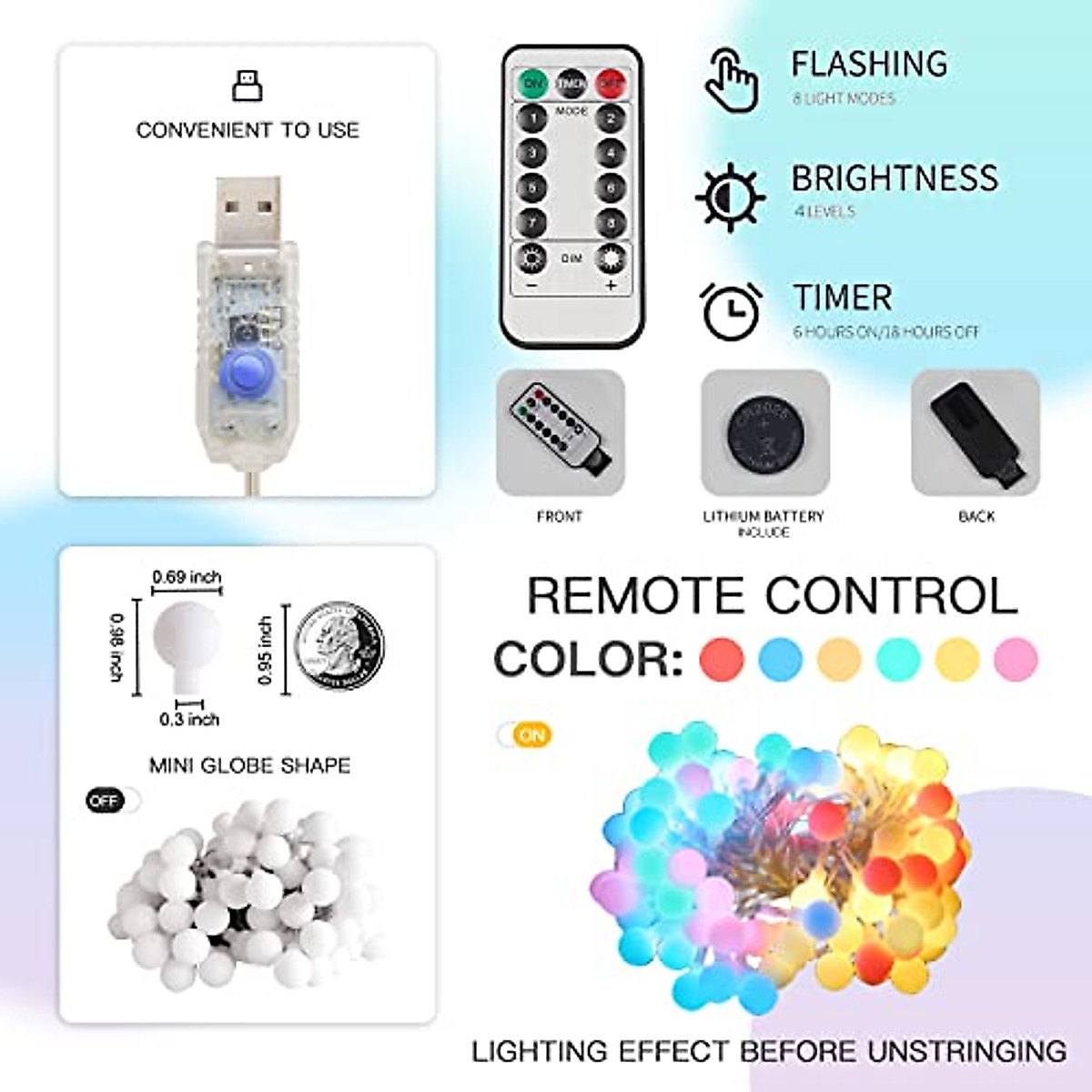 suddus Globe String Lights Bedroom, 100 Led Fairy Lights Plug in, Indoor String Lights for Classroom, Dorm, Birthday, Backyard, Patio, Garden, Party, Living Room, Pastel Color