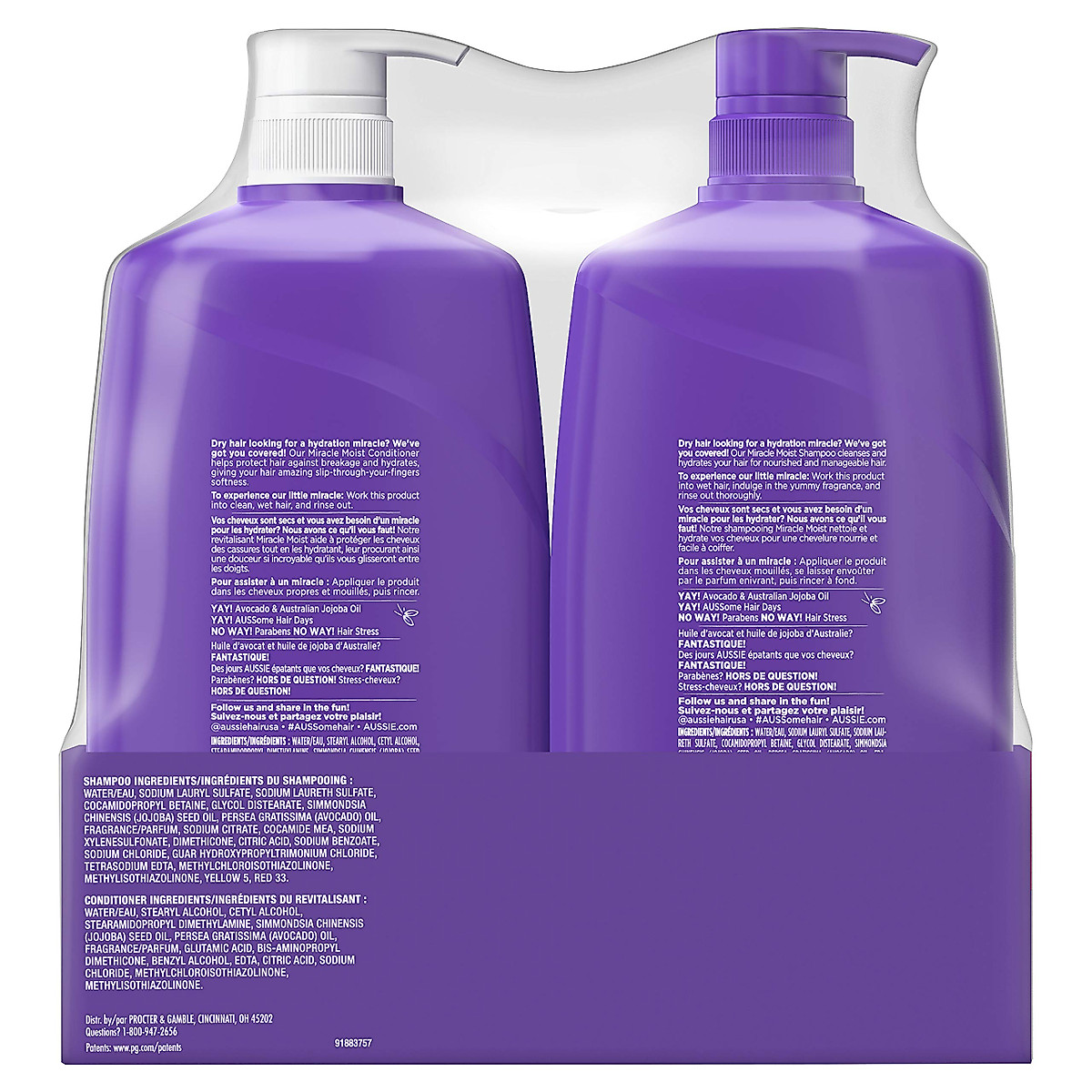 Aussie Miracle Moist with Avocado & Jojoba Oil, Paraben Free Shampoo & Conditioner, 26.2 fl oz Dual Pack