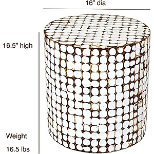 East at Main Round Side Table - 16”Dia x 16.5” h Living Room, Entryway, Small Spaces, Bedside Tables - Real Coconut Shell Mosaic Inlaid, Pre-Assembled, White Patina Finish