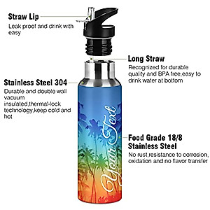 Glaphy Custom Water Bottle, Beach Palm Trees Colorful Water Bottle with Straw Lid, BPA-Free, 20 oz Insulated Stainless Steel, Personalized Name, for School, Office, Gym, Sports, Travel