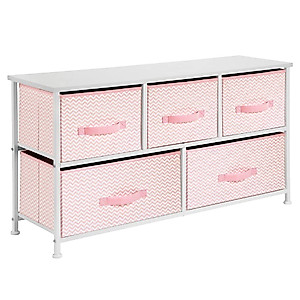 mDesign 21.65" High Steel Frame/Wood Top Storage Dresser Furniture Unit with 5 Removable Fabric Drawers - Wide Bureau Organizer for Bedroom, Living Room, Closet - Spira Collection, Pink/White