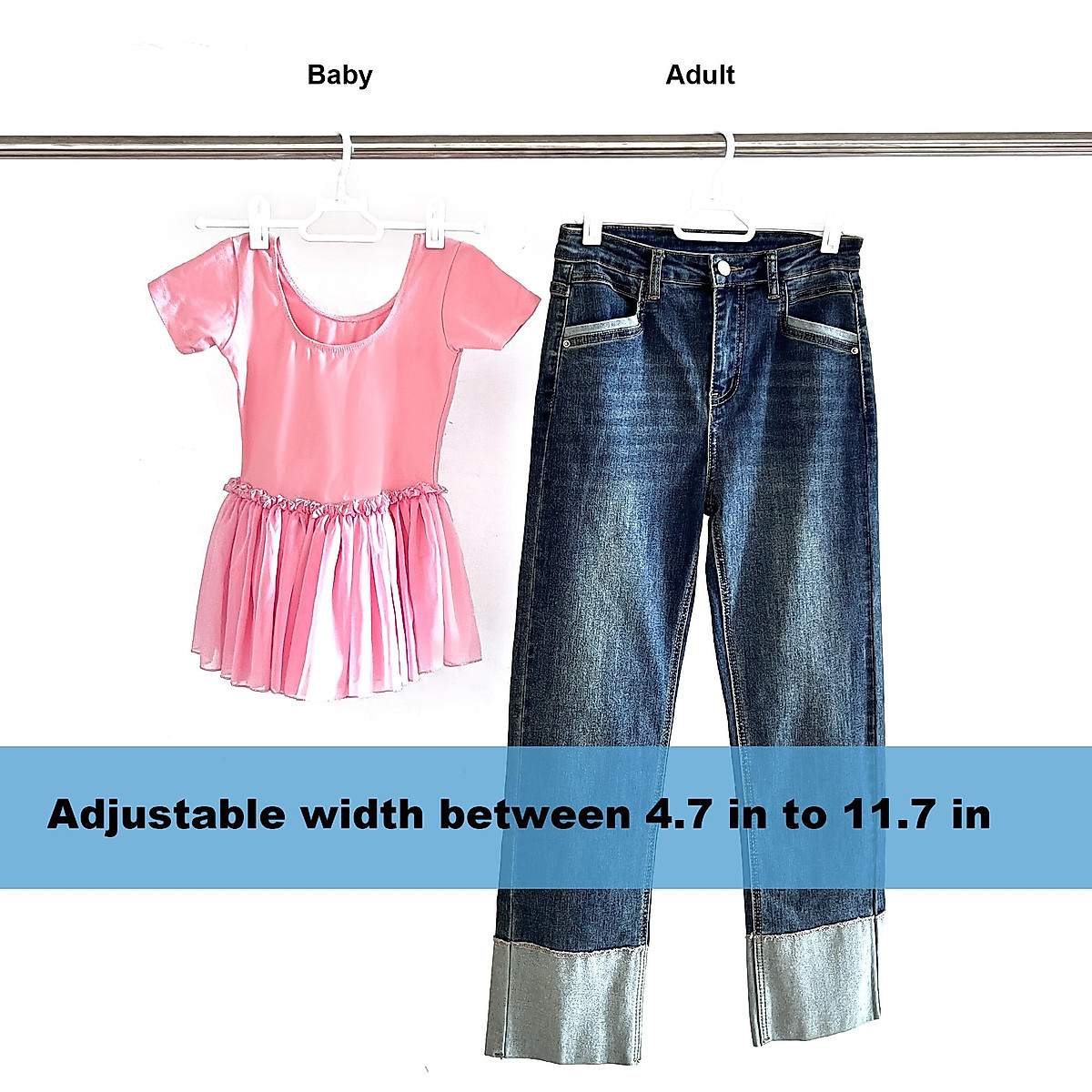 HAOYIJIA Pant Hangers, 10 Pack Slim Plastic Baby Hangers, Clothes Hangers with Pinch Clips, Space Saving Skirt Hanger for Jeans Skirt Legging Kid's Clothes White Pant Hangers with 360° Swivel Hook