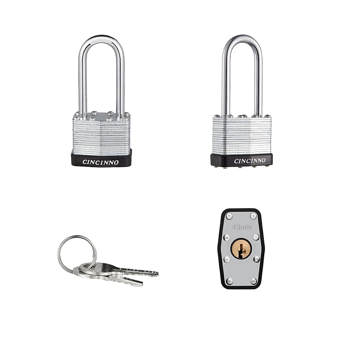 CINCINNO Laminated Steel Padlock with Key，6 Pack Keyed Alike Padlocks with Long Shackle