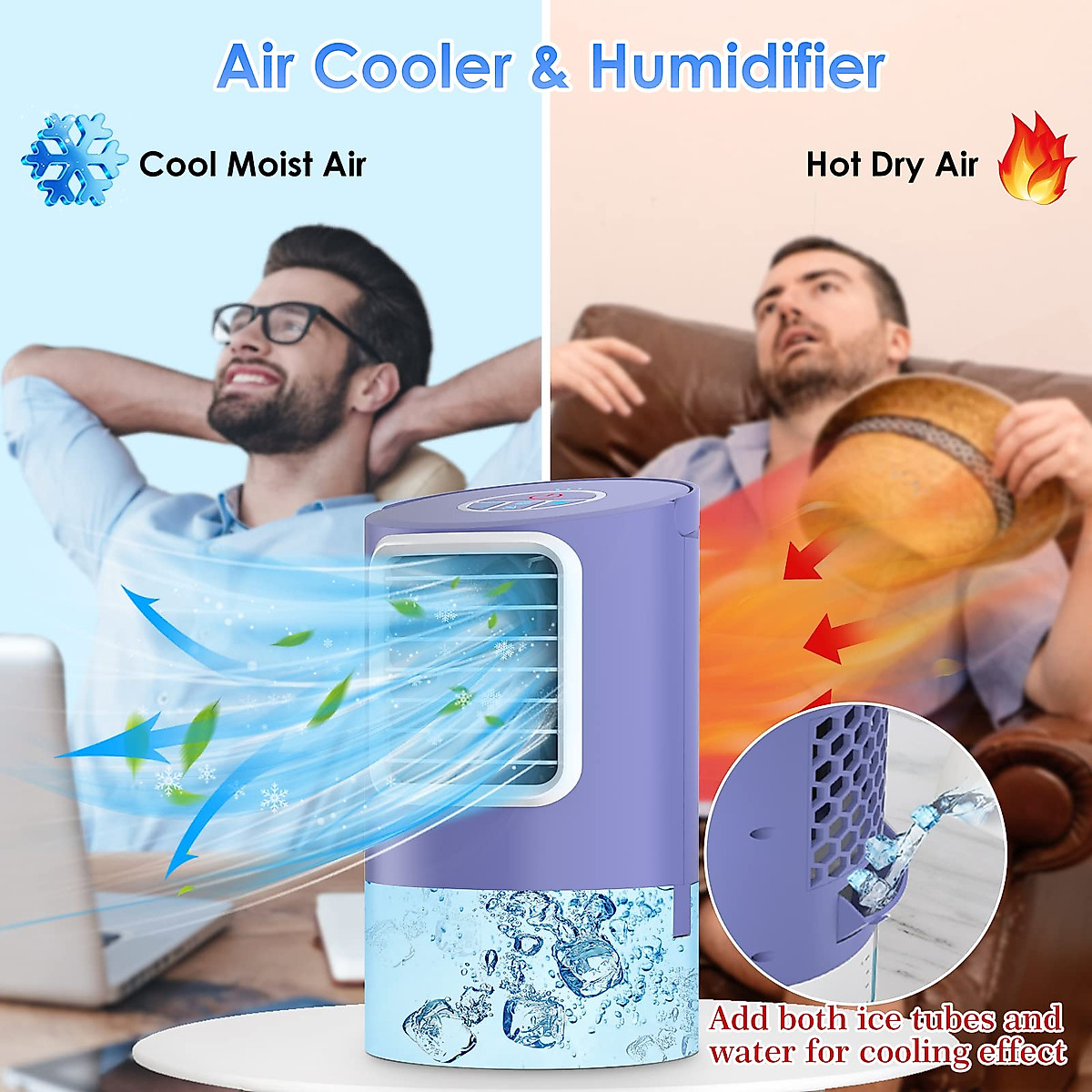 Portable Air Conditioner, 3-in-1 Personal Air Cooler with 3 Speed, 400ML Evaporative Humidifier with 2/4 Timer, Desktop Mini Cooling Misting Fan for Room Home Office, 7 Color Night Lights (White)