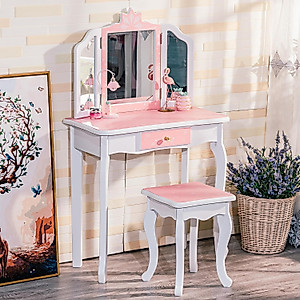 GAOMON Kids Vanity, Girls Vanity Table with Tri-Folding Mirror,Stool & Drawer, 2 in 1 Wooden Princess Makeup Desk Dressing Table, Toddler Vanity,Pretend Play Vanity Set for Kids