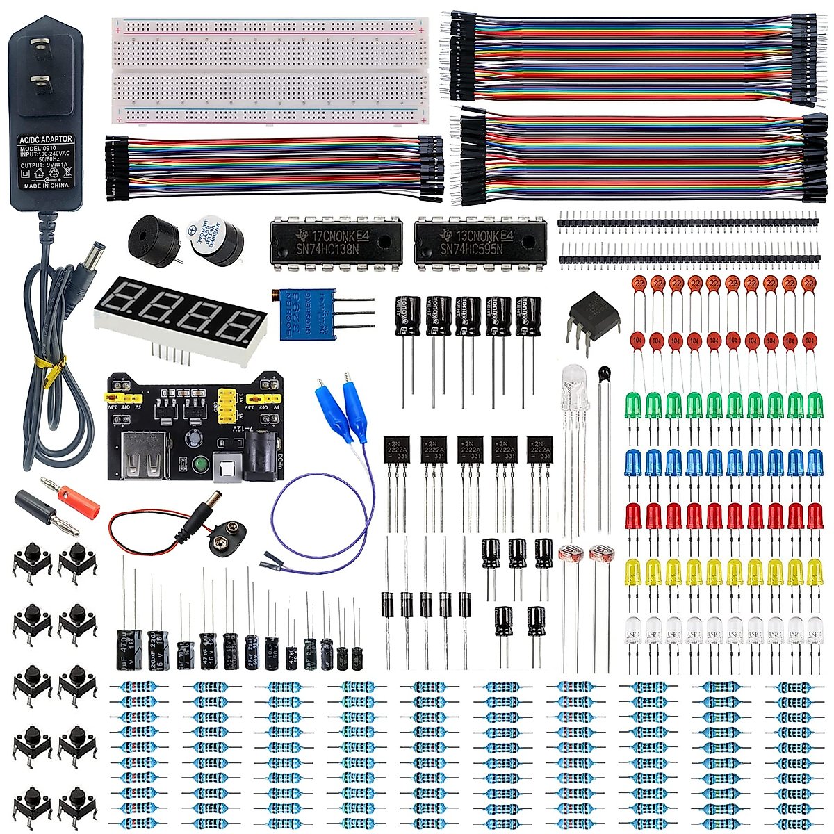 Minidodoca Upgraded Electronics Component Fun Kit Power Supply Module, Jumper Wire, 830 Breadboard, LED,Capacitor,Diode,Resistor,Transistor,Compatible Raspberry Pi, STM32