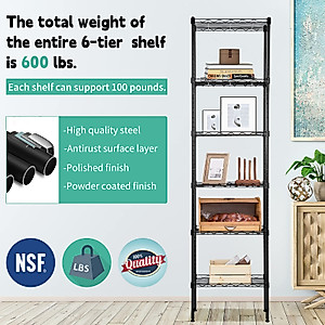 XXkseh 6 Tier Metal Shelf, Heavy Duty Garage Storage Rack, 100lbs Capacity per Shelf, Adjustable Wire Shelves, Black, Floor Mount, 16.7" L x 11.8" W x 63" H