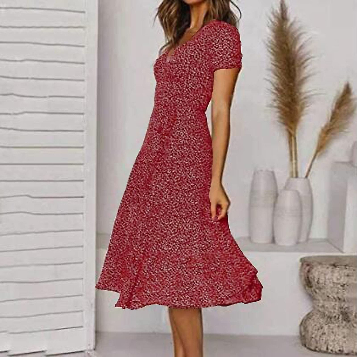 Womens Dresses Summer 2023 Floral Boho V Neck Short Sleeve Wrap Flowy Ruffle Hem Cute Beach A Line Midi Dress Sun Dresses Hawaiian Clothes Summer Wedding Guest Dresses for Women 2023