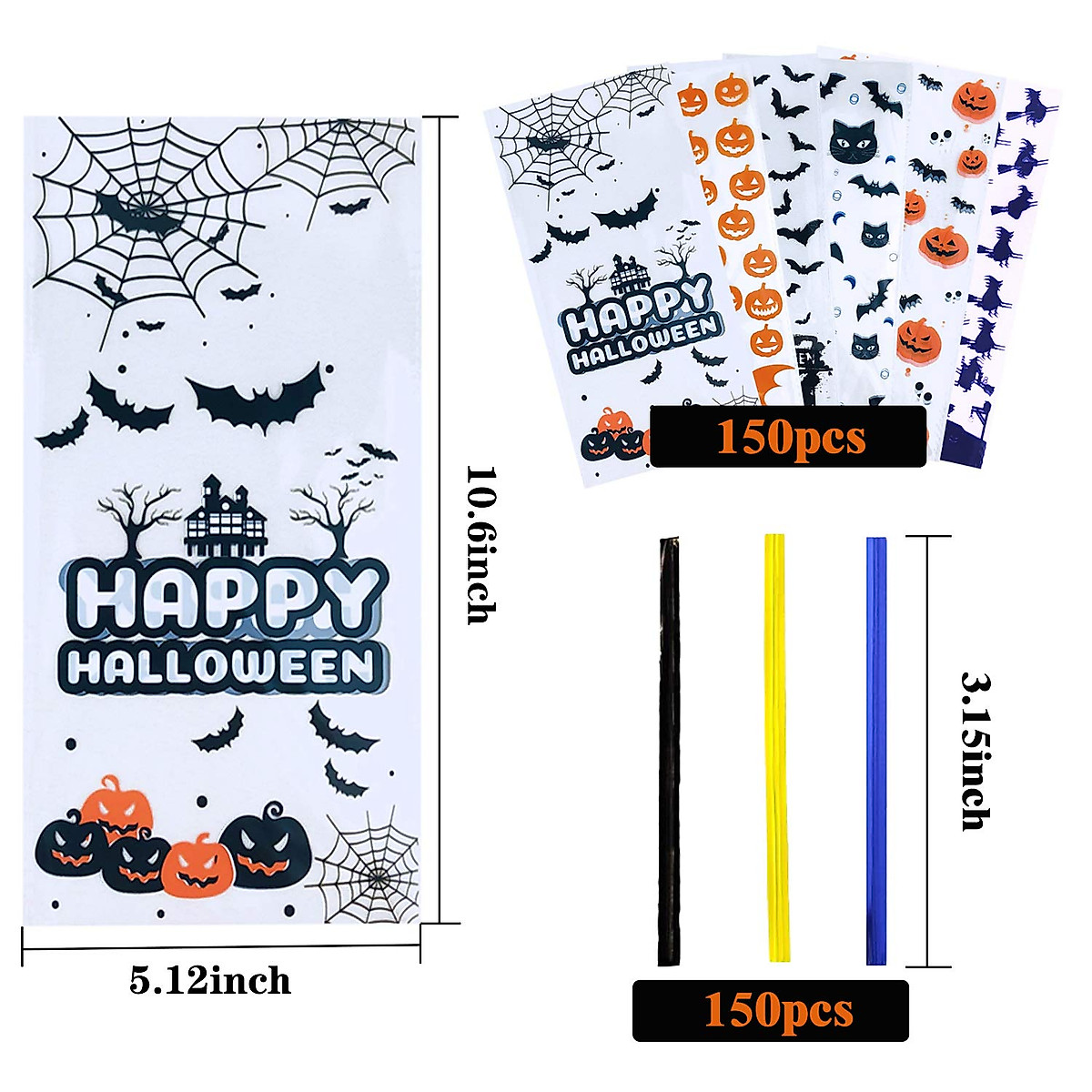FuraHa 150 pcs Halloween Cello Bags Halloween Cellophane Treat Bags with Ties for Candy Cookie Goodies Gift Wrap Halloween Trick or Treat Party Favors, 6 Designs