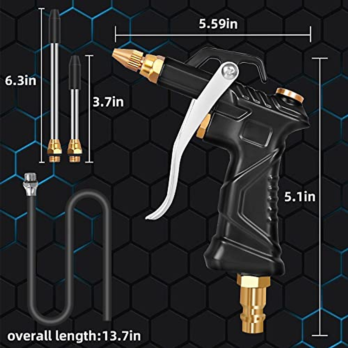Air Compressor Accessories - Air Gun Blower - Air Blow Gun - Pneumatic Tools - Air Gun for Compressor - Air Guns with 2 Steel Air Extensions, Brass Adjustable Air Nozzles, and Universal Blowing Hoses
