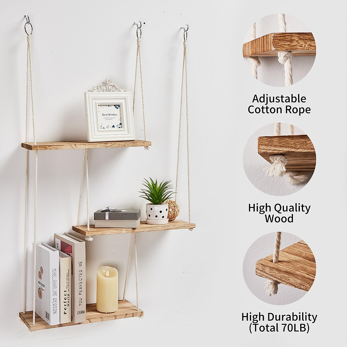 LUNKOEN Lunkeon 3 Tier Macrame Wall Hanging Shelves Boho Room Decor Handmade Cotton Rope,Wooden Hanging Storage Floating Shelves for Small Plants Books Decor,Living Bedroom Room Bedroom