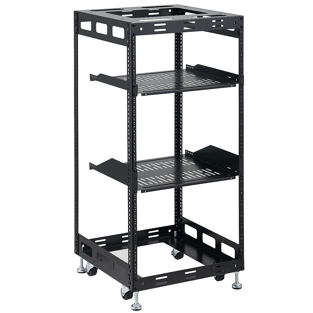 Tedgetal 20U Open Frame Rack for Servers & AV Gear - Wall Mountable Design Includes 2X Vented Shelves, 4X Leveling Feet, 4X Casters