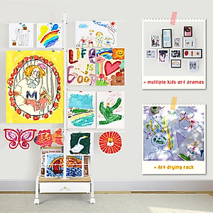 Bikoney Art Display for Kids Artwork-(30 Clips -Total 12ft Wire)-Kids Art Display-Art Drying Rack-Floor Picture Hanging System Kit for Drawing/Photo/Card/Picture Collage Display