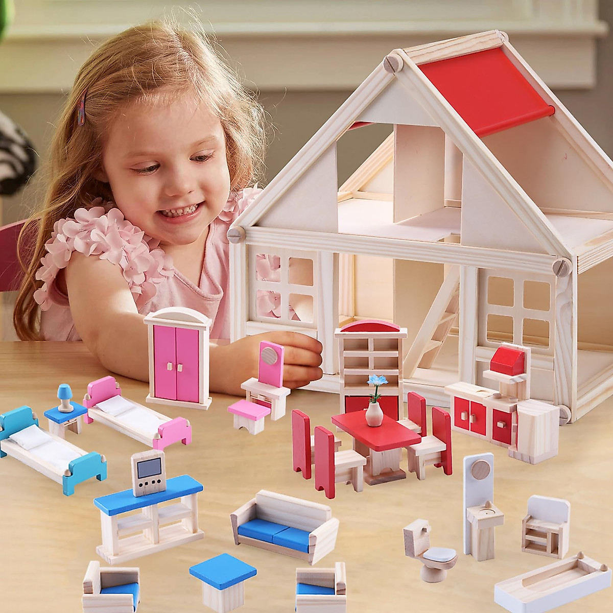 Toydaze Wooden Dollhouse Furniture Set with 35pcs Furnitures with 4 Family Dolls, Dollhouse Accessories are Gift for Girls Boys Age 3+